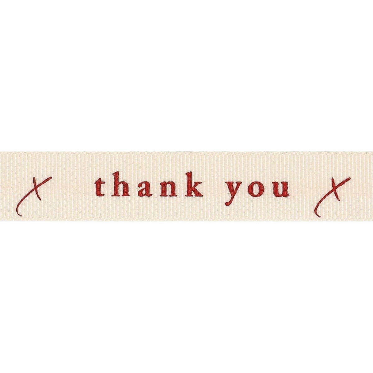 ‘Thank You’ Ribbon. Red text on natural. 15mm wide. Price per metre.
