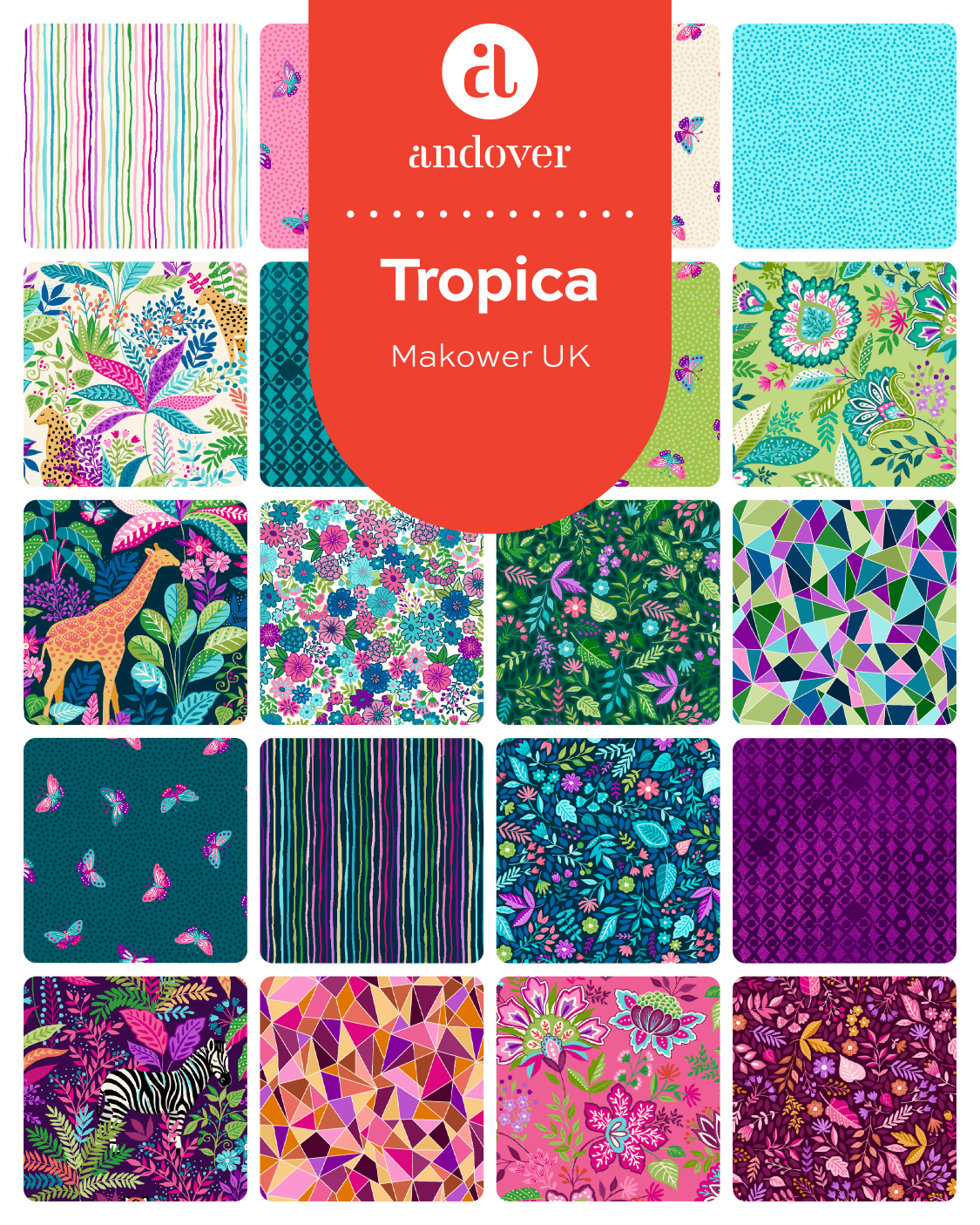 Makower Fabric Tropica 10 Inch Square Pack